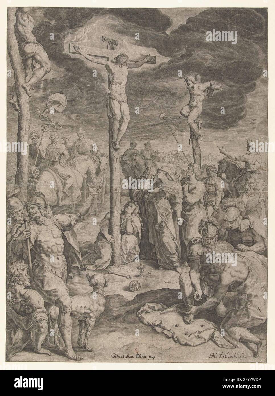 Crucifixion. Christ on the cross between the two crucified criminals ...