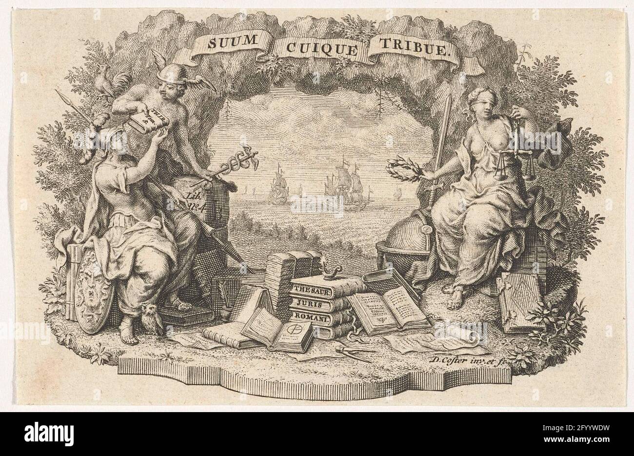 Vignet with Mercury, Minerva and justice. Vignet with a view of ships ...