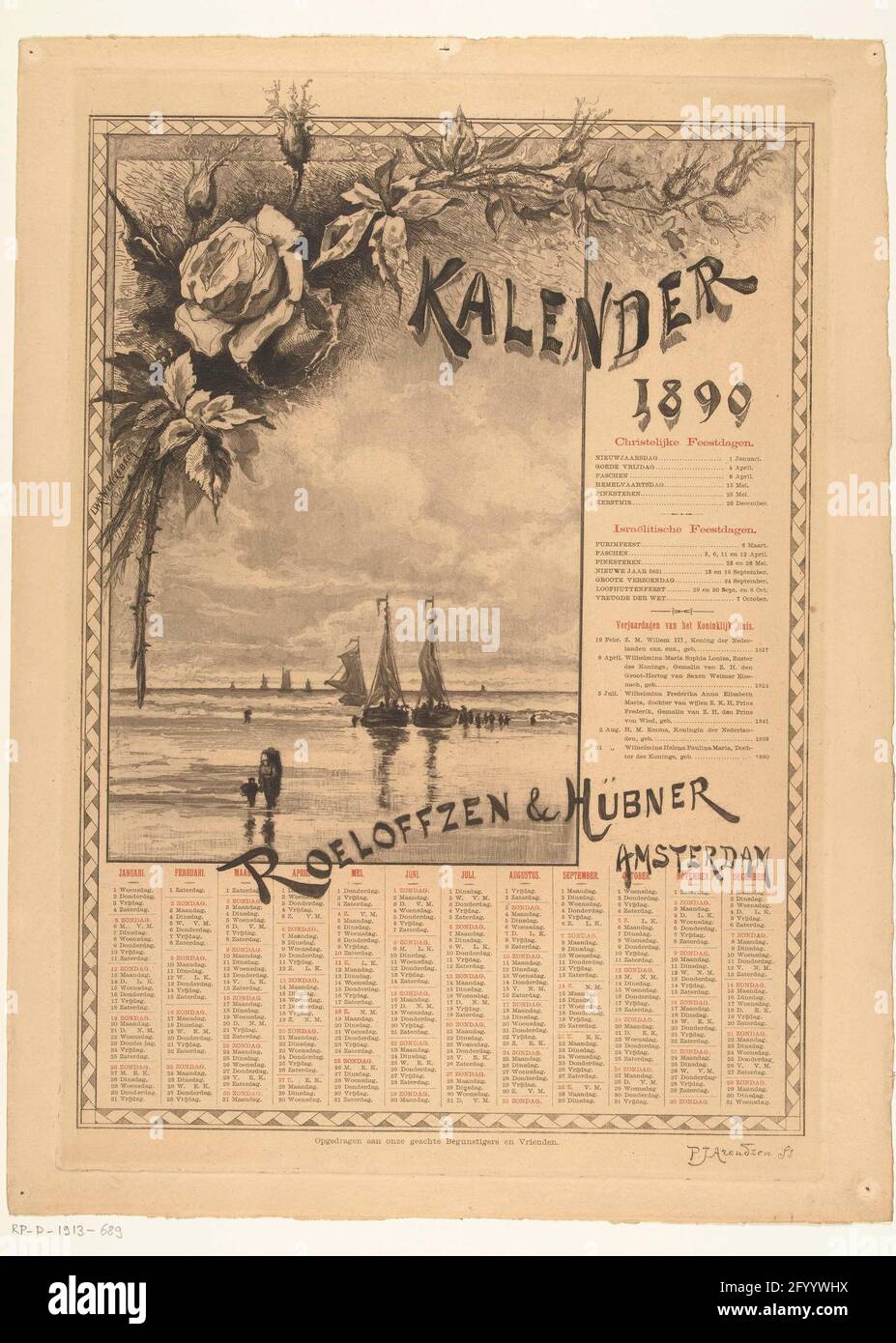 Calendar blade for the year 1890. Calendar sheet for the Roeloffzen ...