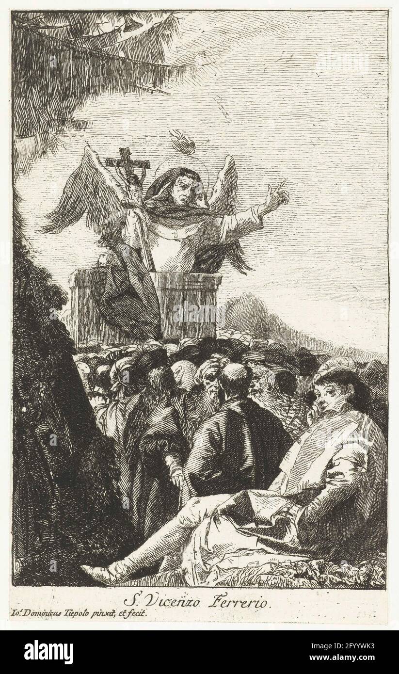Saint Vincent Ferrer (Ferrier) with wings and crucifix preach for crowd ...