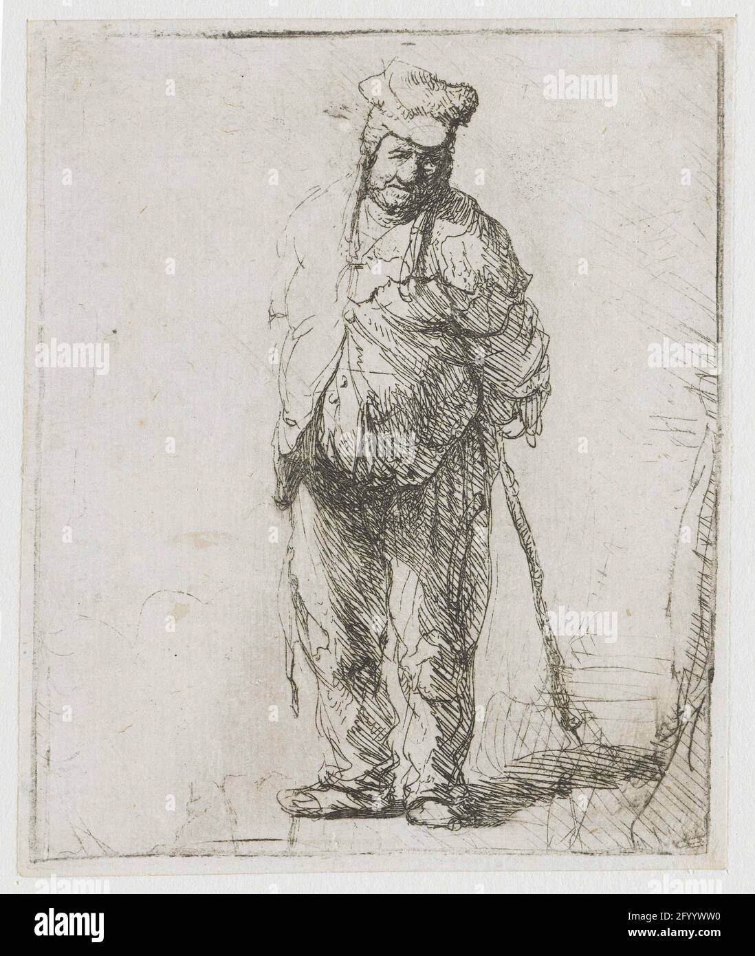 Shabby dressed farmer, the hands on the back, a stick of persistent ...