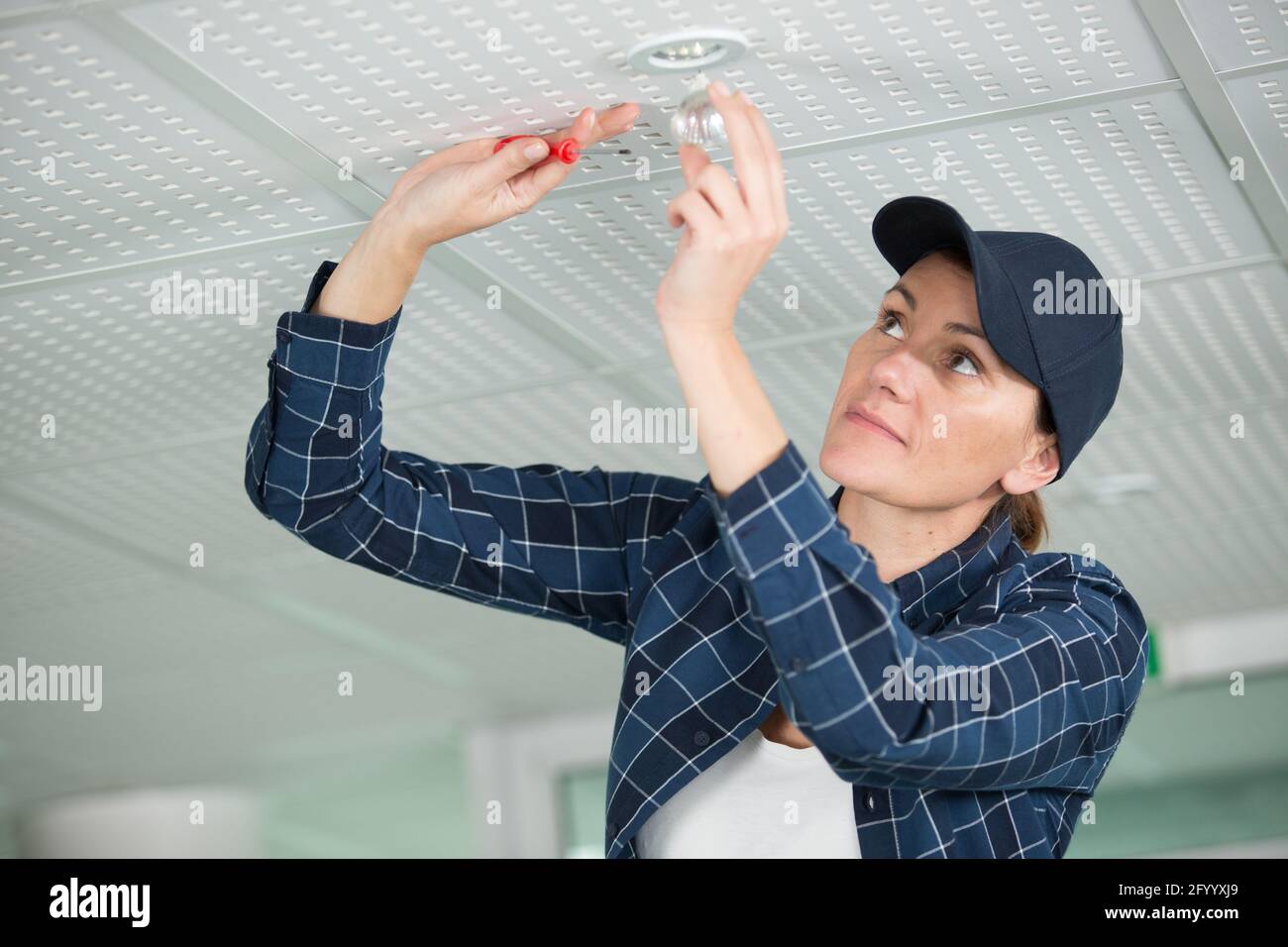 female electrician fixing ceiling lighting Stock Photo - Alamy