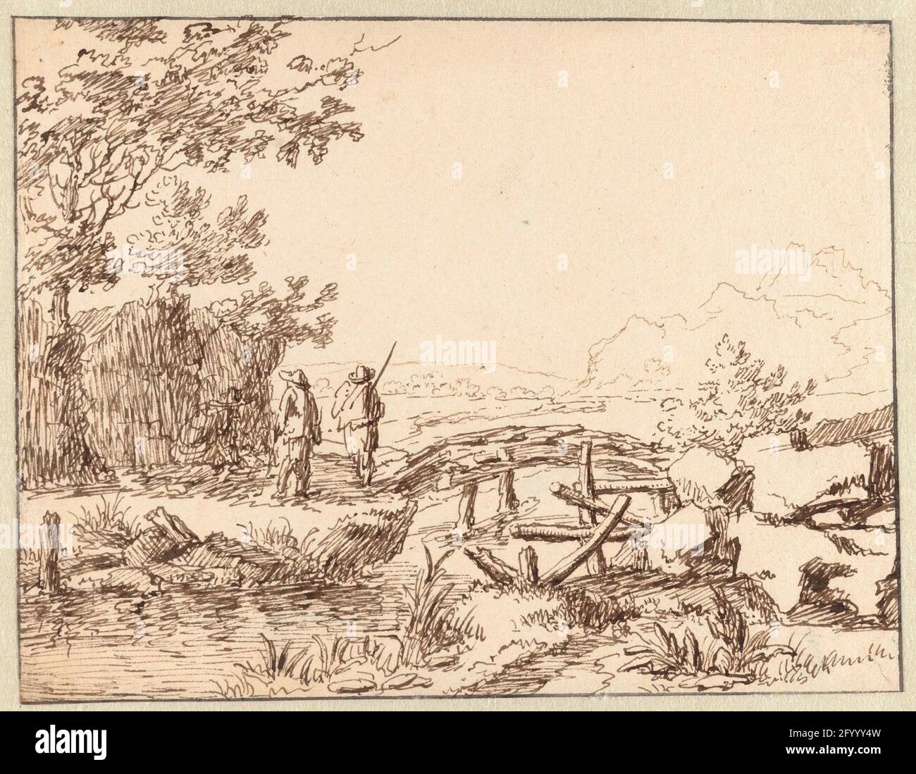 Three men at a bridge. Landscape with a bridge over a stream and three ...