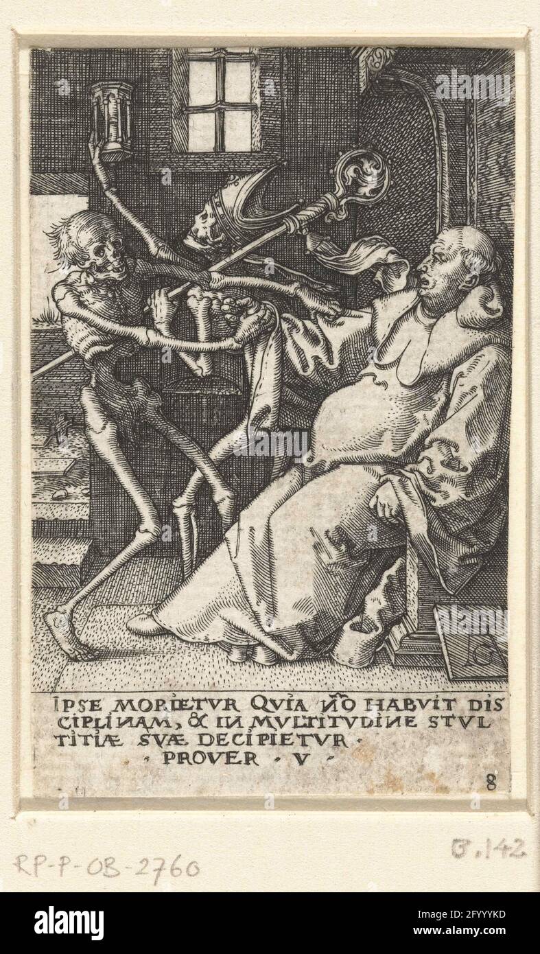 Death and abbot; Power of death. An abbel is drawn by a skeleton of his ...