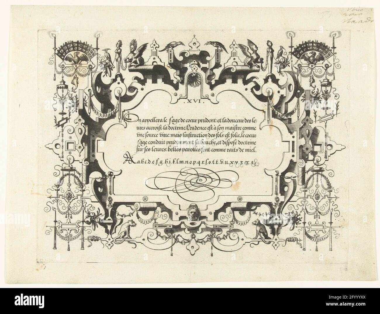 Cartouche with calligraphy, bottom two dogs; Exercitatio Alphabetics ...