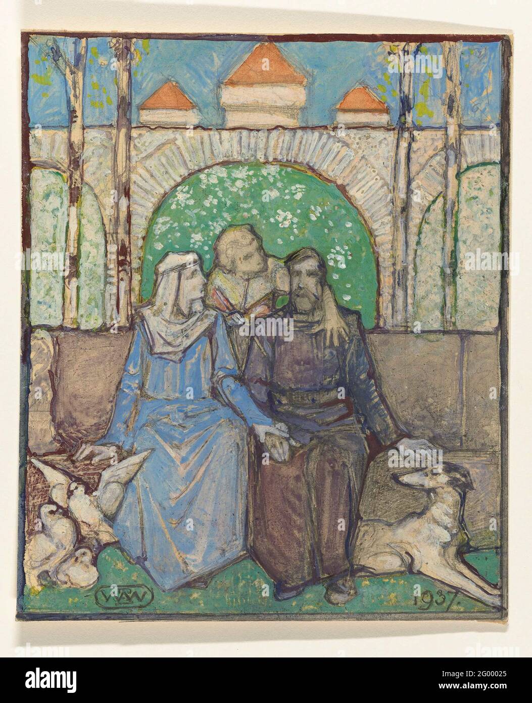 Sitting couple. A seated couple. Behind them a smaller standing figure ...