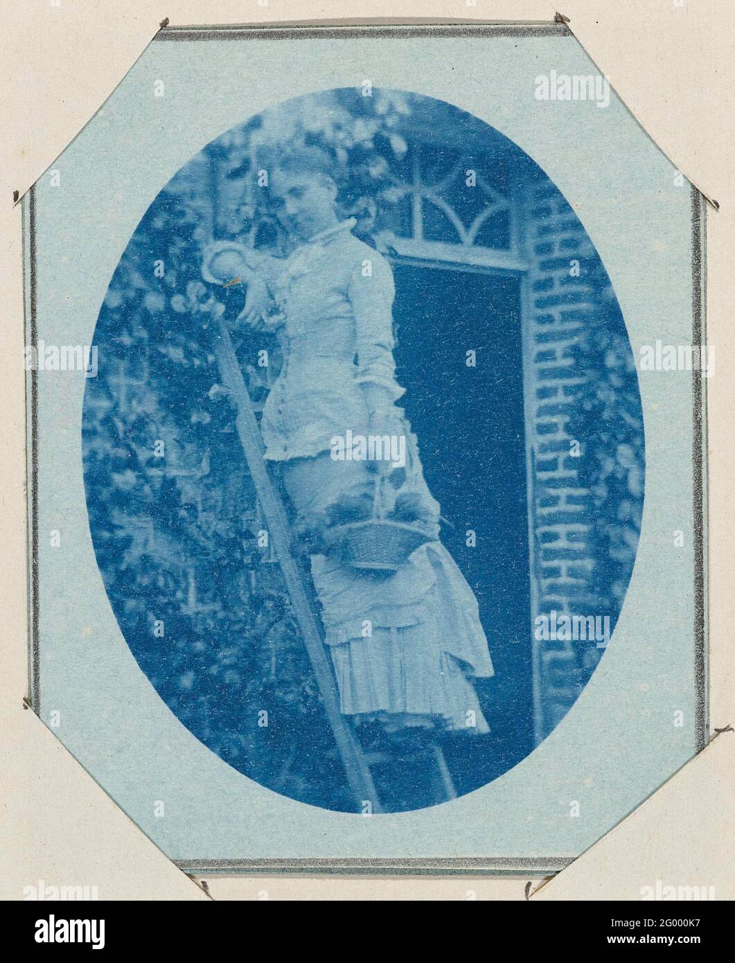 Portrait of a woman on a ladder with a basket in hand Stock Photo - Alamy