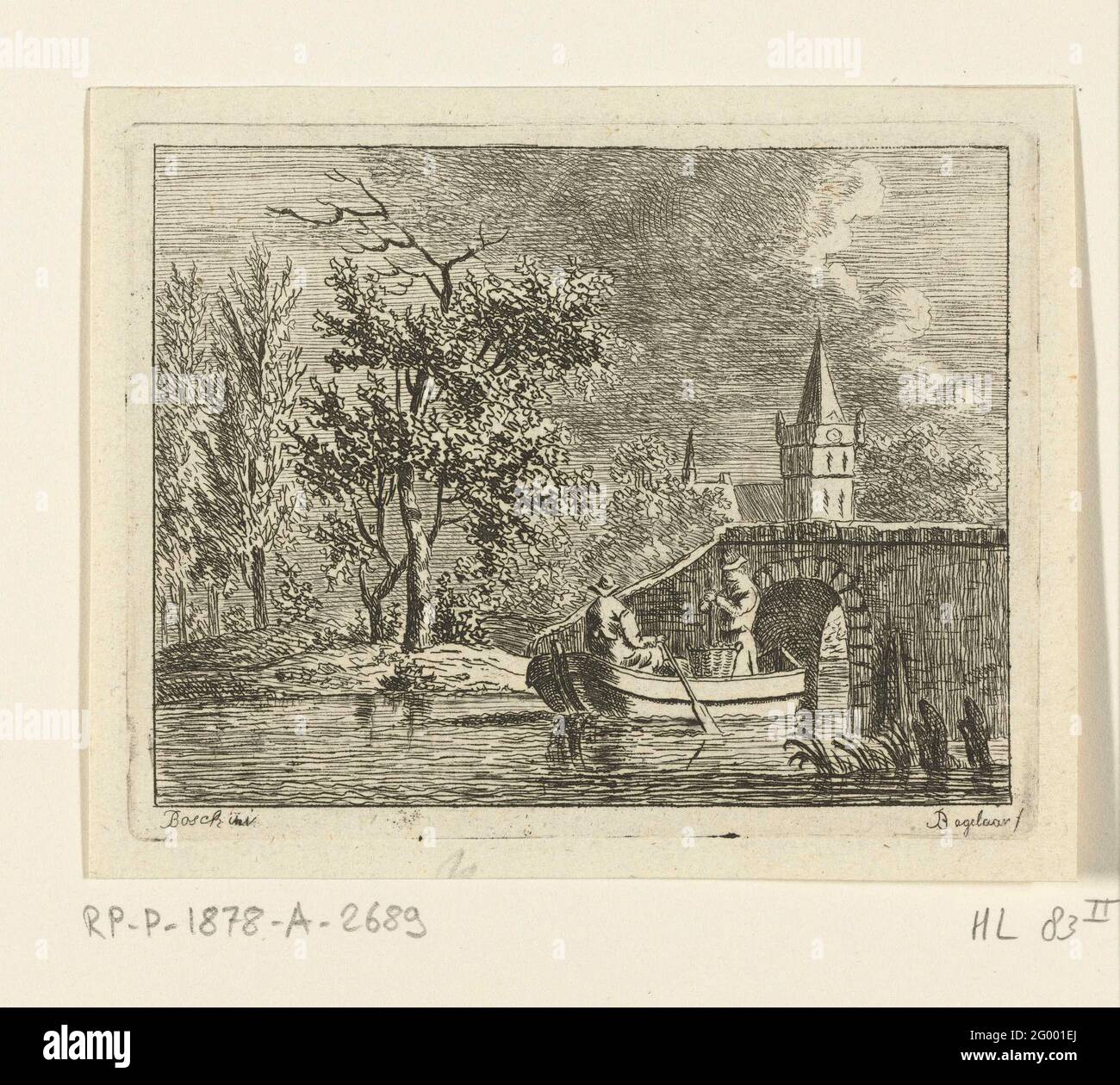 Two men in a rowing boat just behind a stone bridge Stock Photo - Alamy