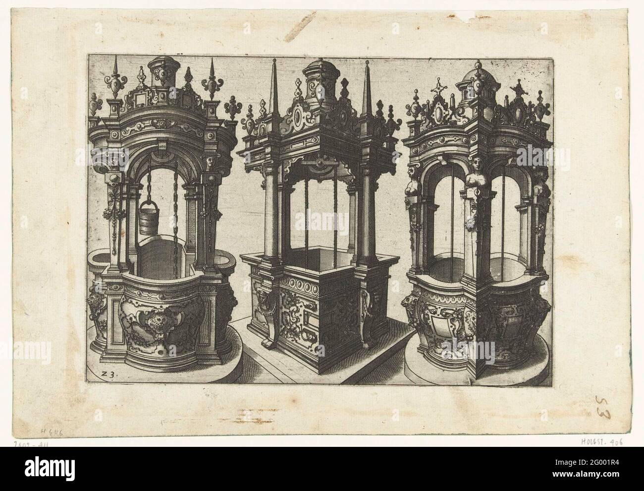 Three wells, one with four hemisphered sides; Water wells. A well with ...