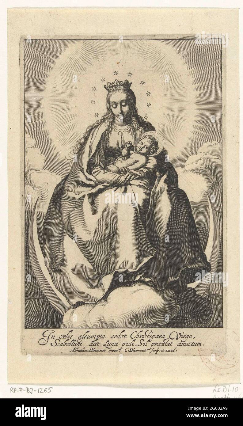 Madonna sitting on the crescent moon. Maria with the child on her lap ...