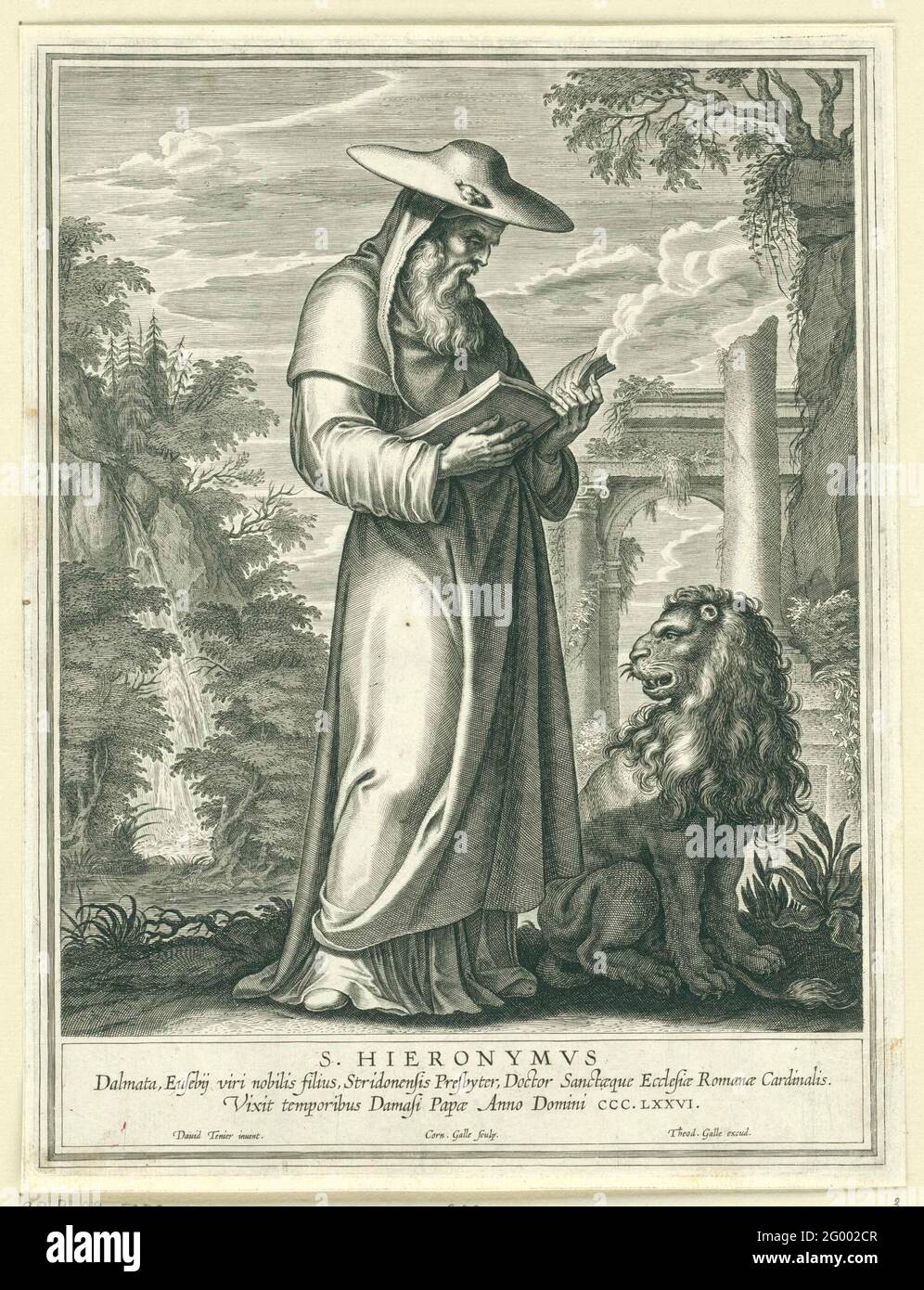H. Hieronymus. Saint Hieronymus standing in a landscape. He reads in a ...