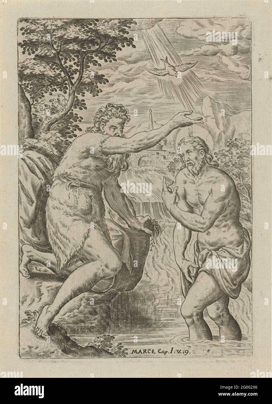 Baptism of Christ; Scenes from the Bible; Biblia Sacra. Book illustration at the story of Christ ...