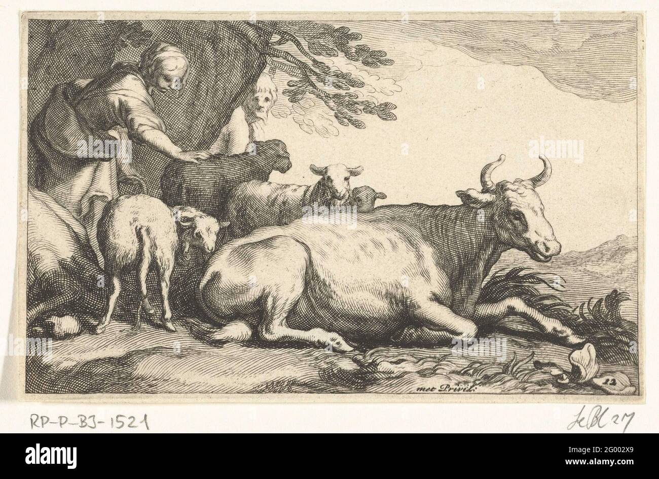 Pastoral scene with cow; Animals. A shepherd and a shepherdess with a ...