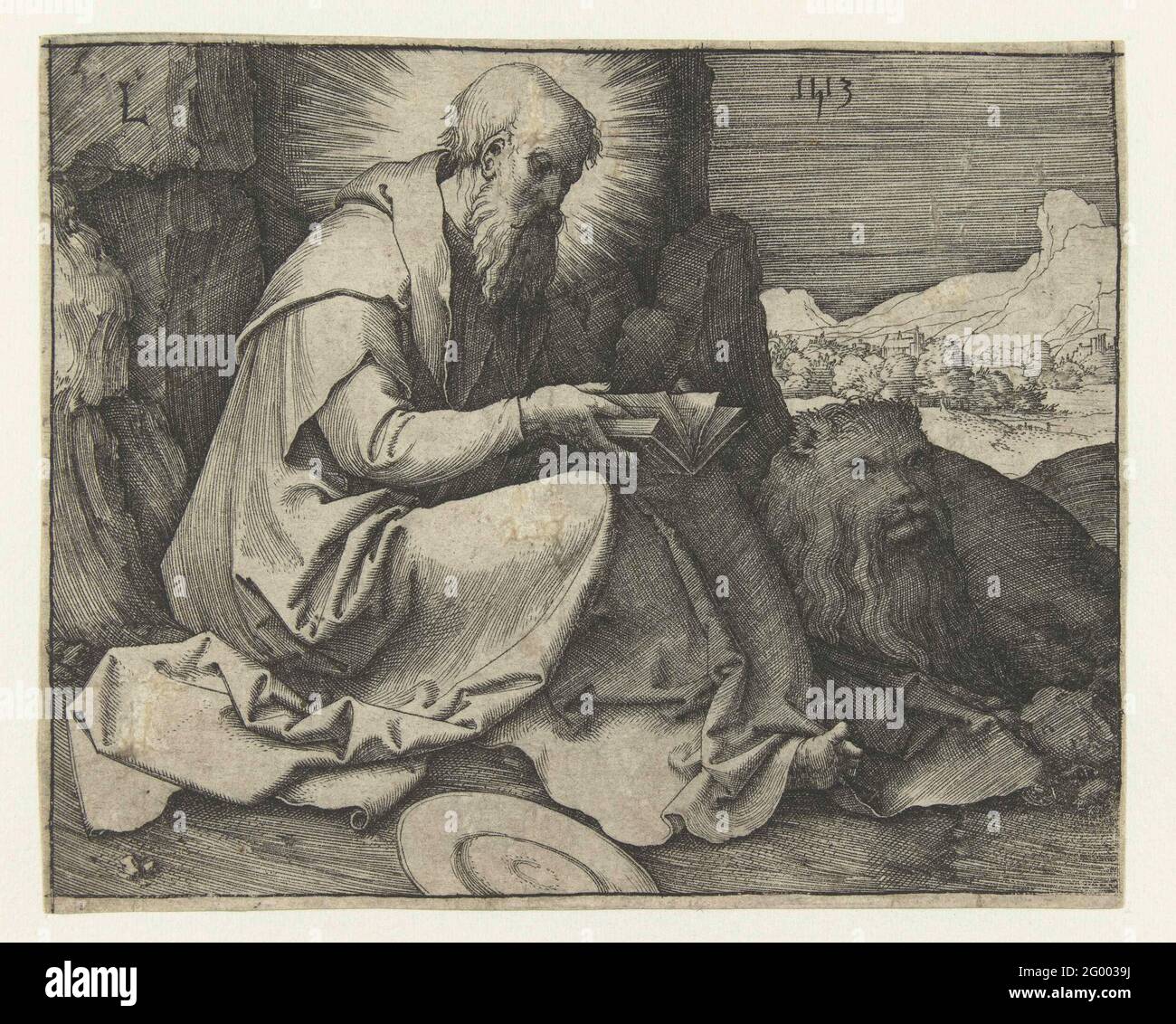 The Holy Hieronymus. Hieronymus seated in landscape, breasing in book ...