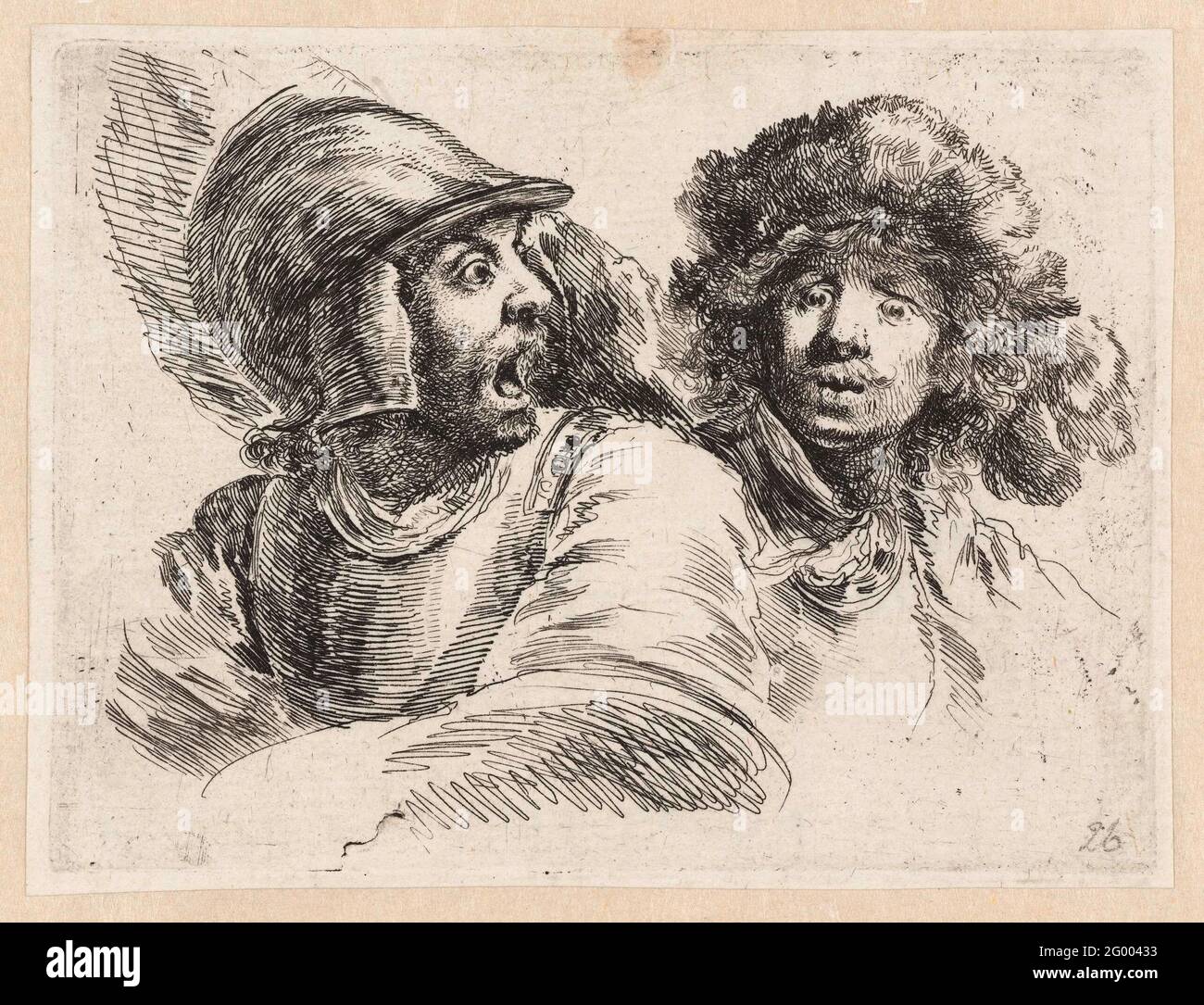 Shocked soldier and man with hat with plumes (portrait of Rembrandt ...