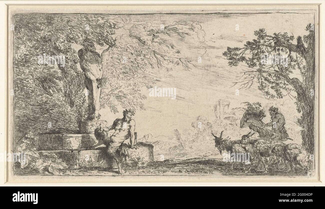 Sater at statue of priapus. Landscape with a Sater sitting at an image ...