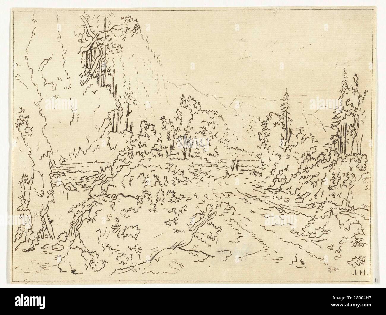 Mountainous landscape. Two hikers walk on a road through a valei. On ...