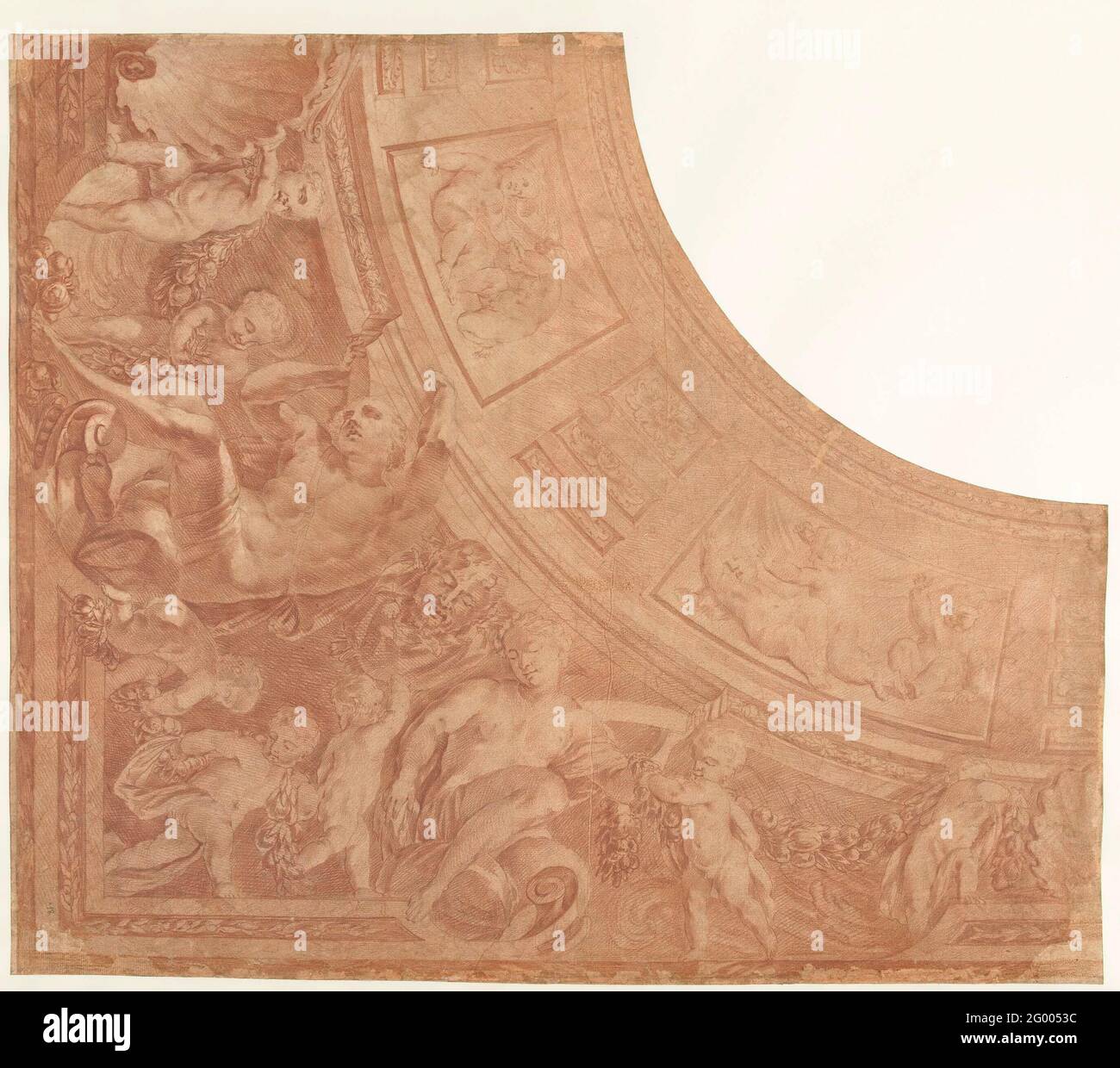 Design for a corner piece of a ceiling with seated figures, putti and ...