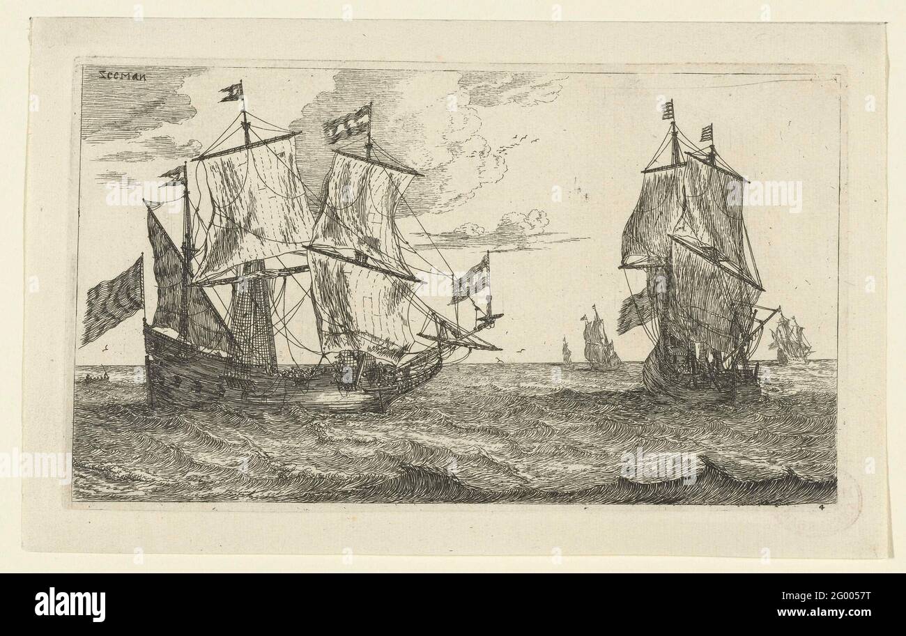 Two large sailing ships with flags; Quelque Navieres; Some sailing ...