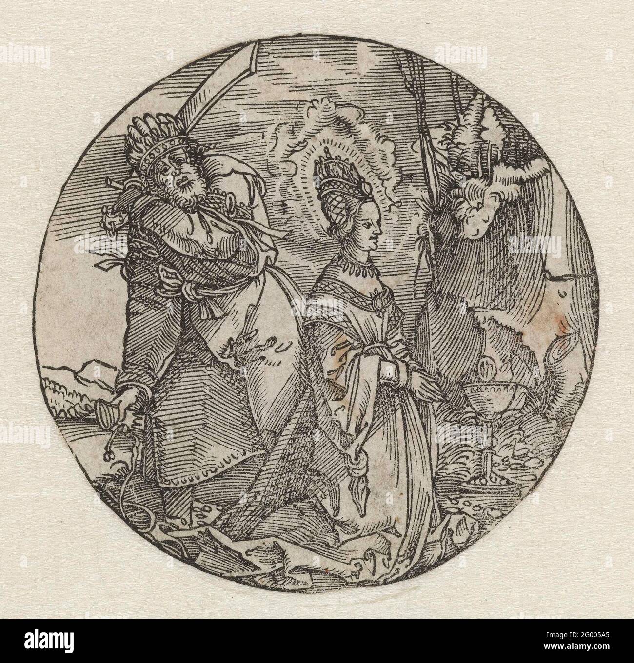 The martyrdom of the Saint Barbara. Round representation of the Holy ...