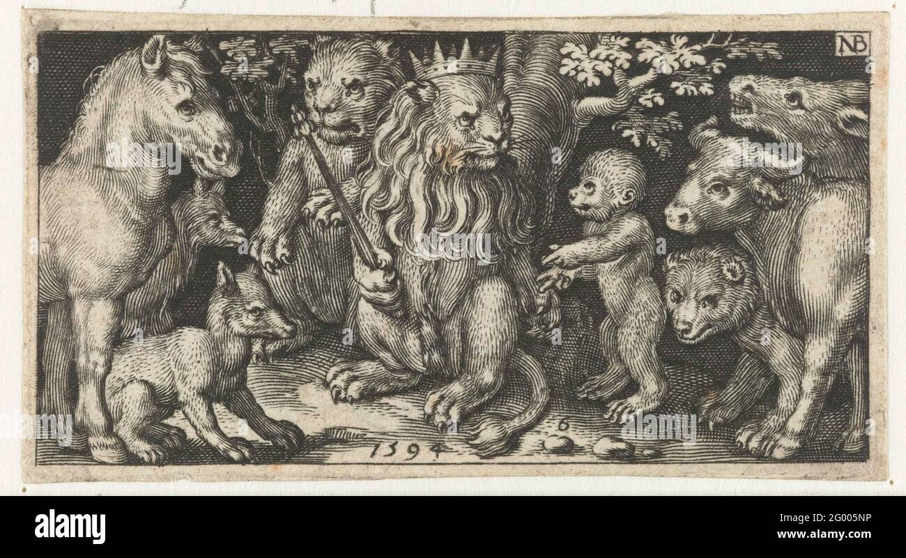 Lion as a king between other animals; Animals from fables; Fighting ...