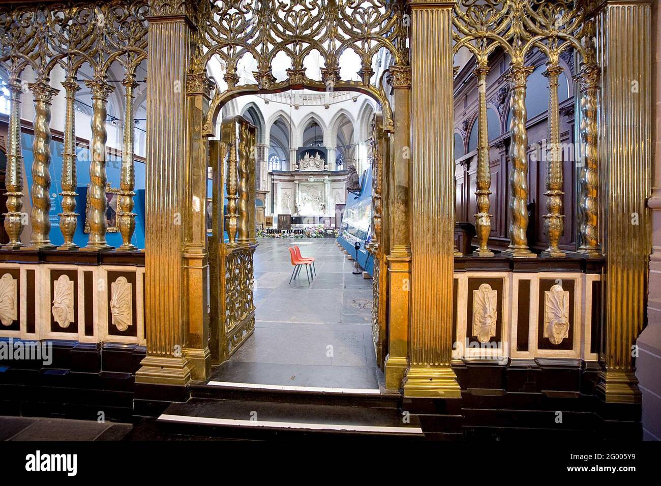 Church interior with exhibition seen through a choir gate; Exhibition ...
