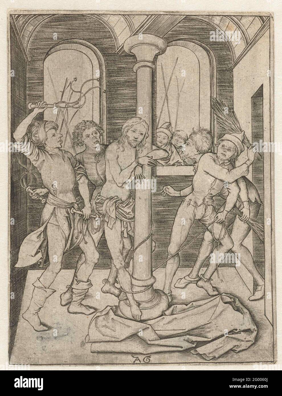 Scourging Christ; Passeling story. Christ, tied to a column, is valid ...