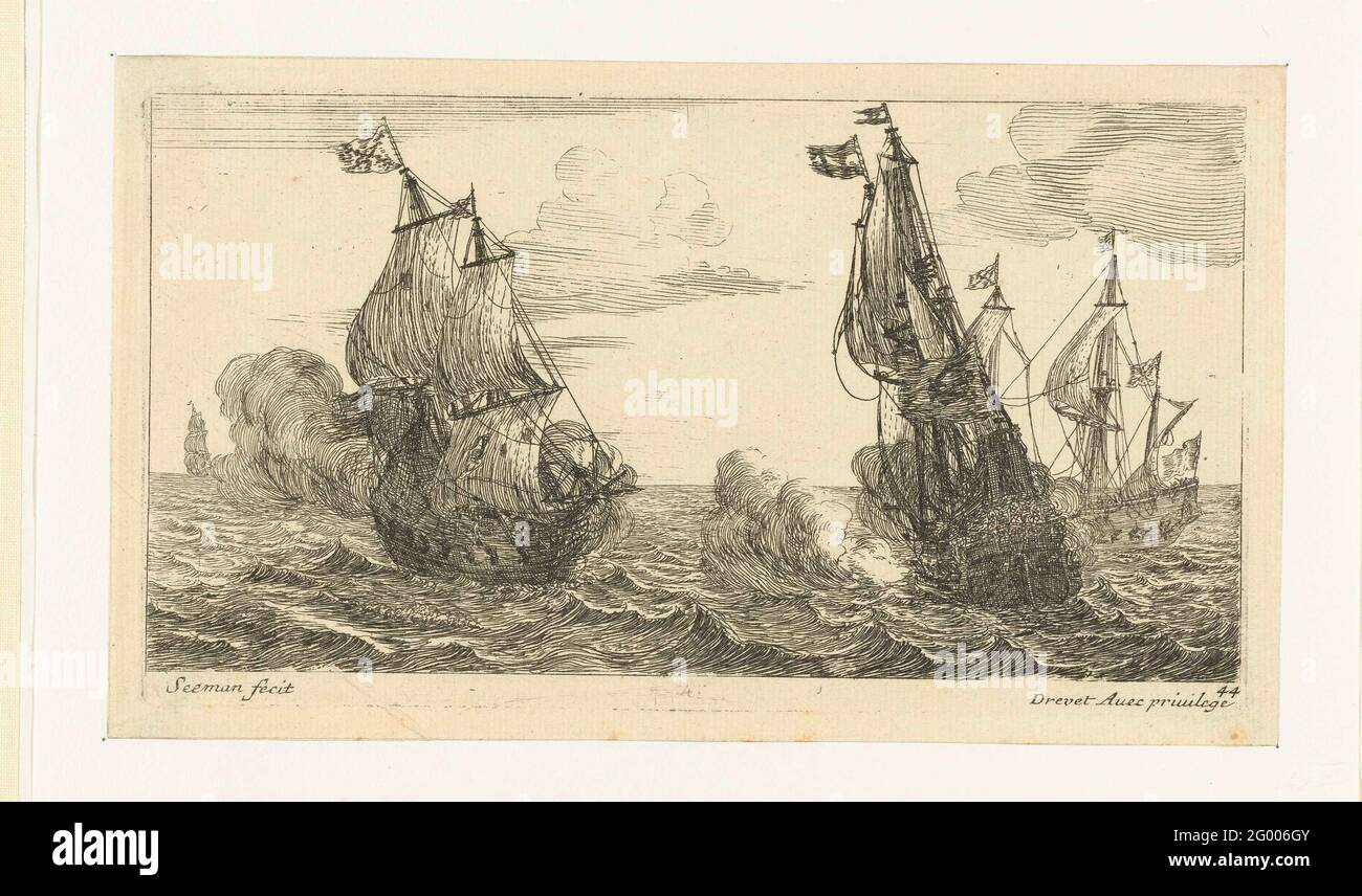 Sea battle; Different seascapes and landscapes. Sea battle between two ...