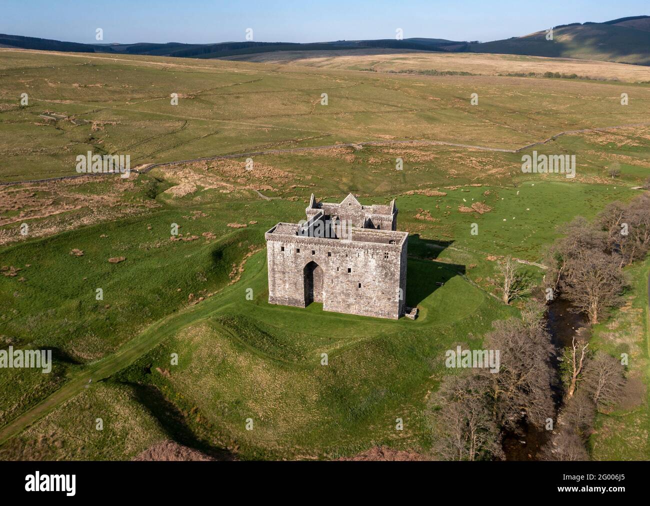 Aerial view of Hermitage castle near Newcastleton, Liddesdale, Scotland ...