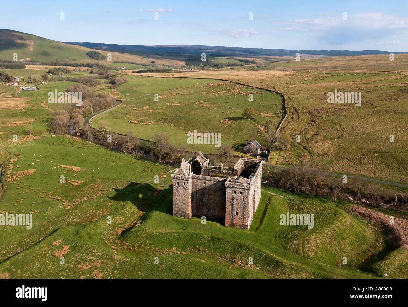 Aerial view of Hermitage castle near Newcastleton, Liddesdale, Scotland ...
