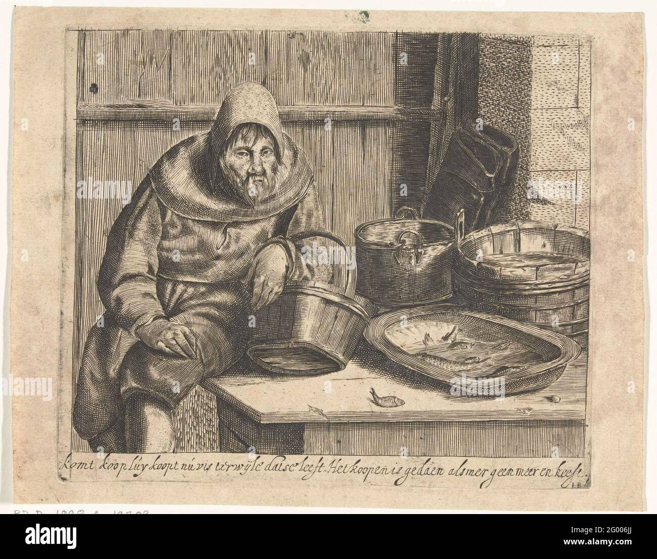 Fish seller. An old fish seller sits on a table with buckets and tobbes ...