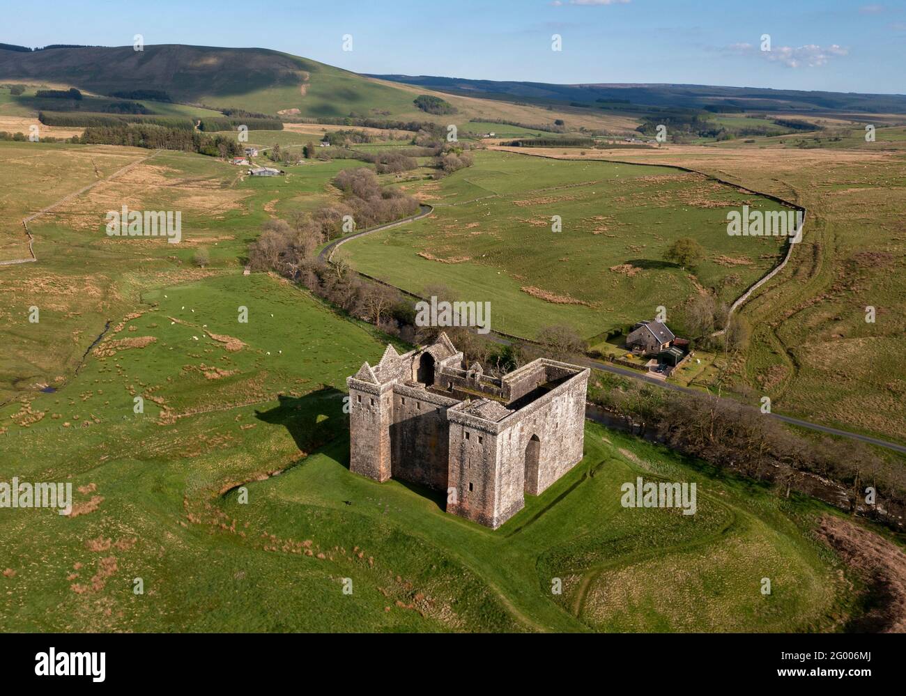 Aerial view of Hermitage castle near Newcastleton, Liddesdale, Scotland ...