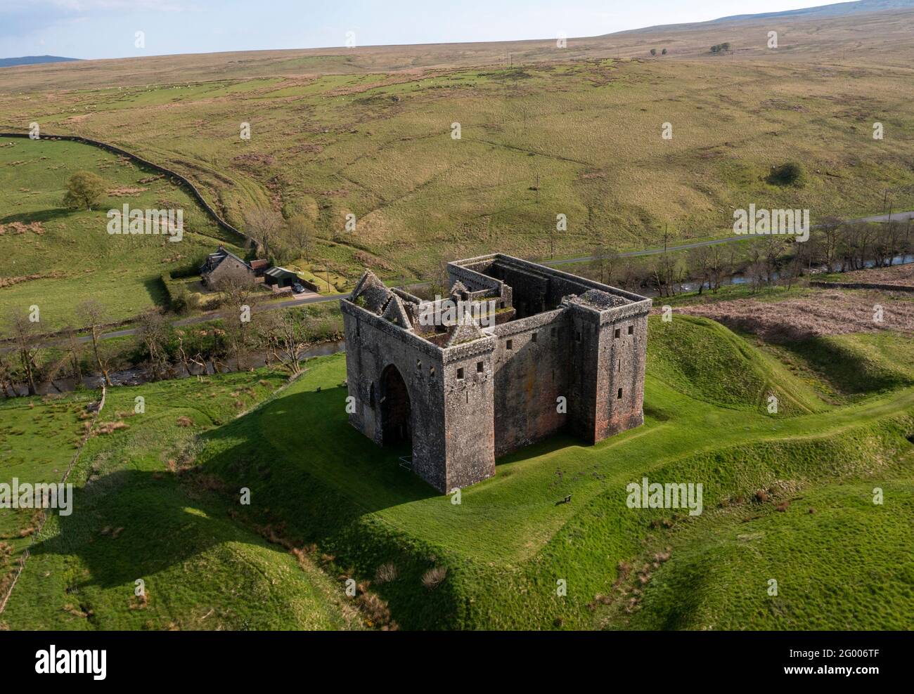 Aerial view of Hermitage castle near Newcastleton, Liddesdale, Scotland ...