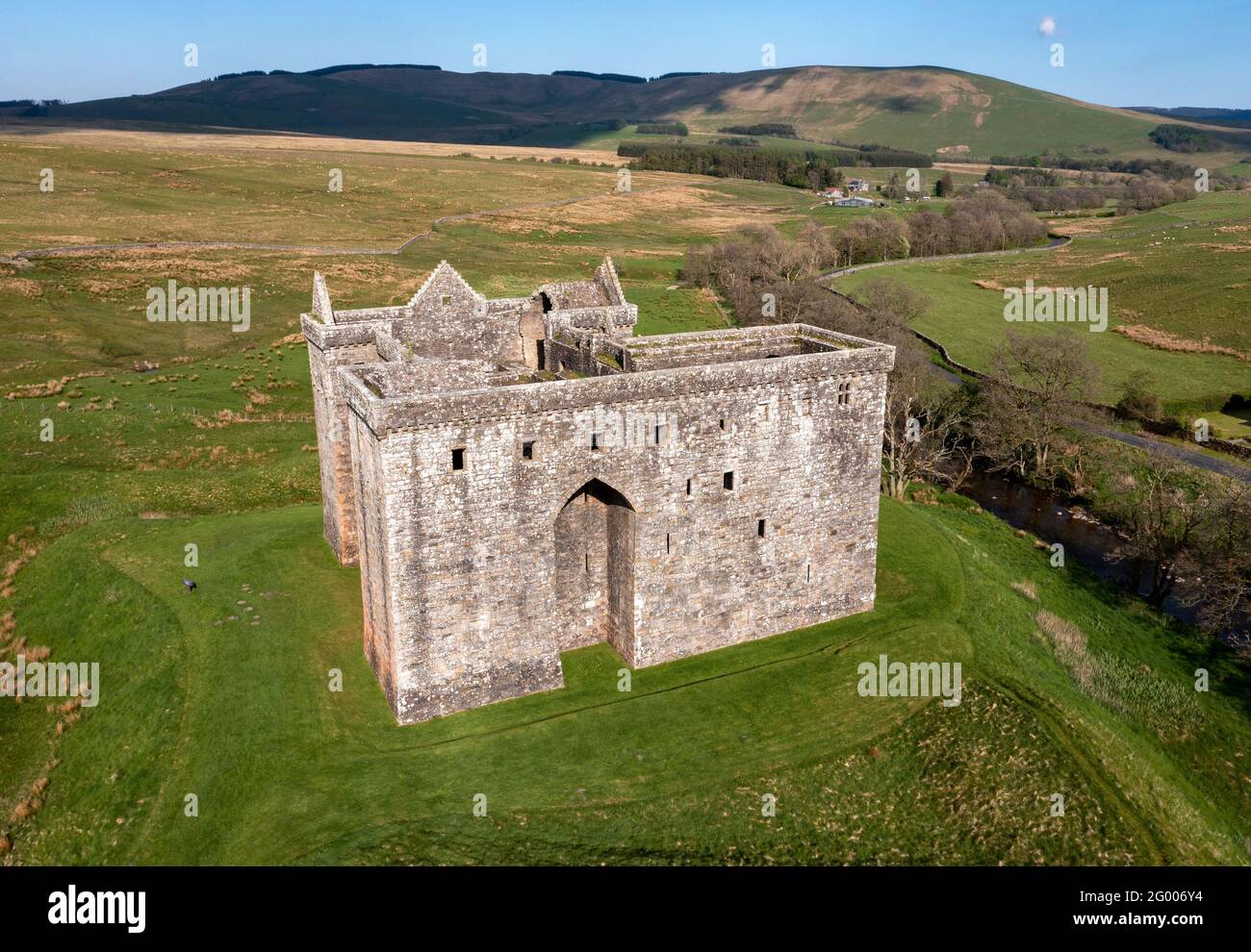 Aerial view of Hermitage castle near Newcastleton, Liddesdale, Scotland ...