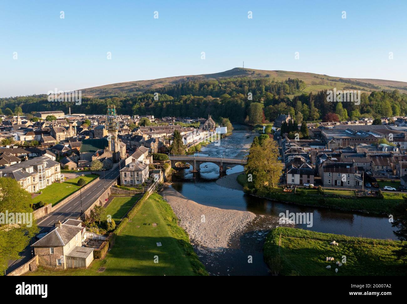 Aerial view of Langholm town centre situated at the junction of the ...