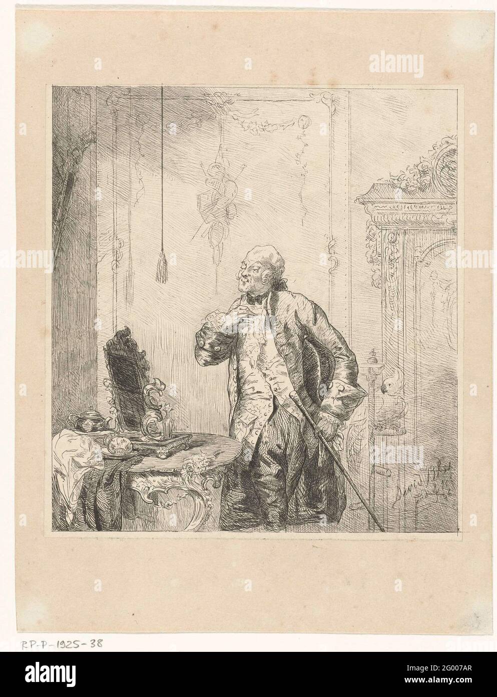 Vain man. A gentleman in eighteenth-century clothing is happy to look ...