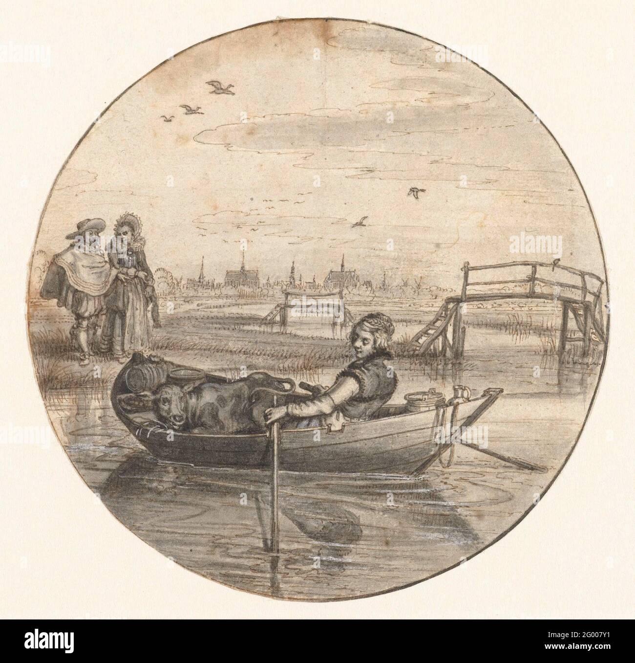 Woman in a rowing boat. Woman with a cow in a rowboat. On the shore an ...