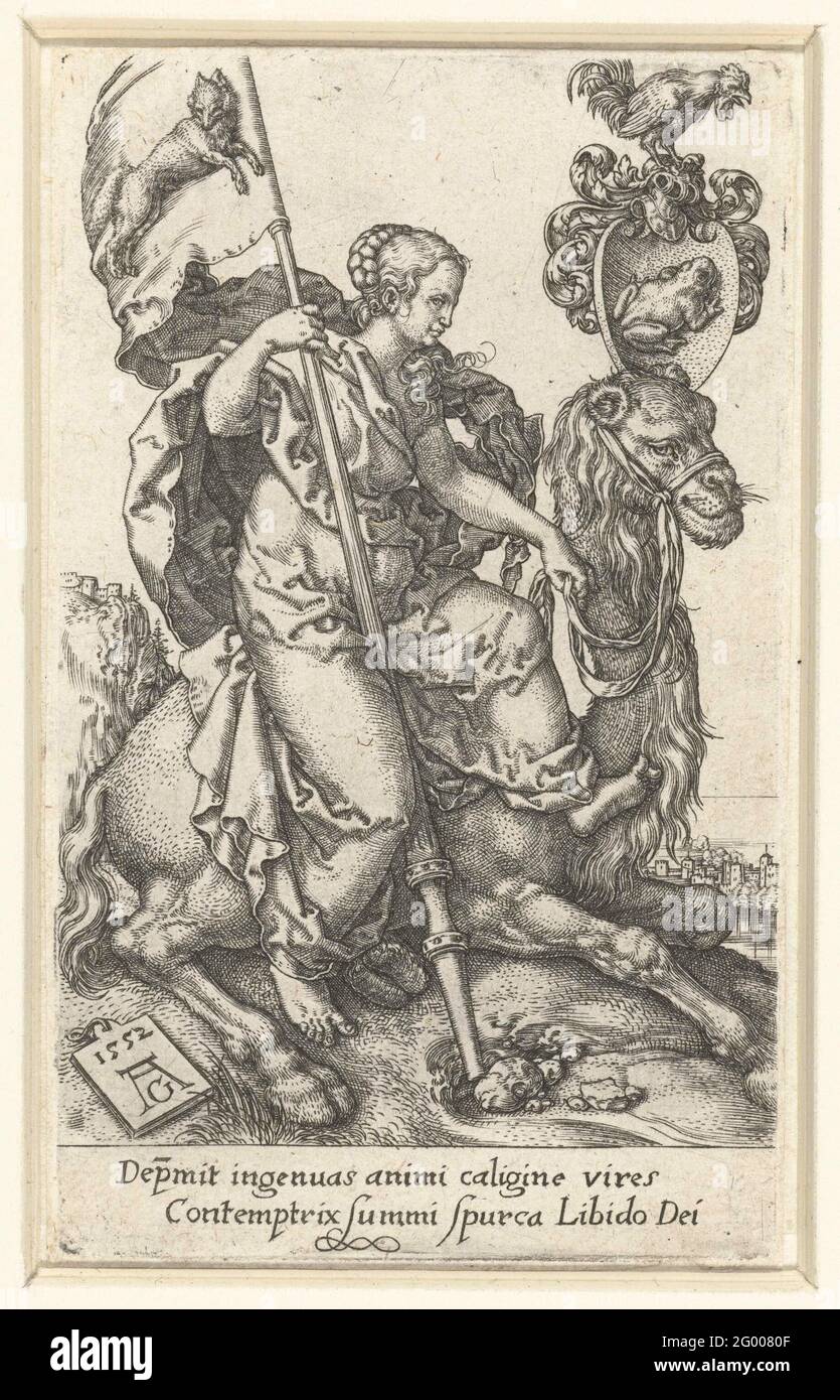 Lust; Seven deadly sins. Personification of the lust. Woman sitting on ...