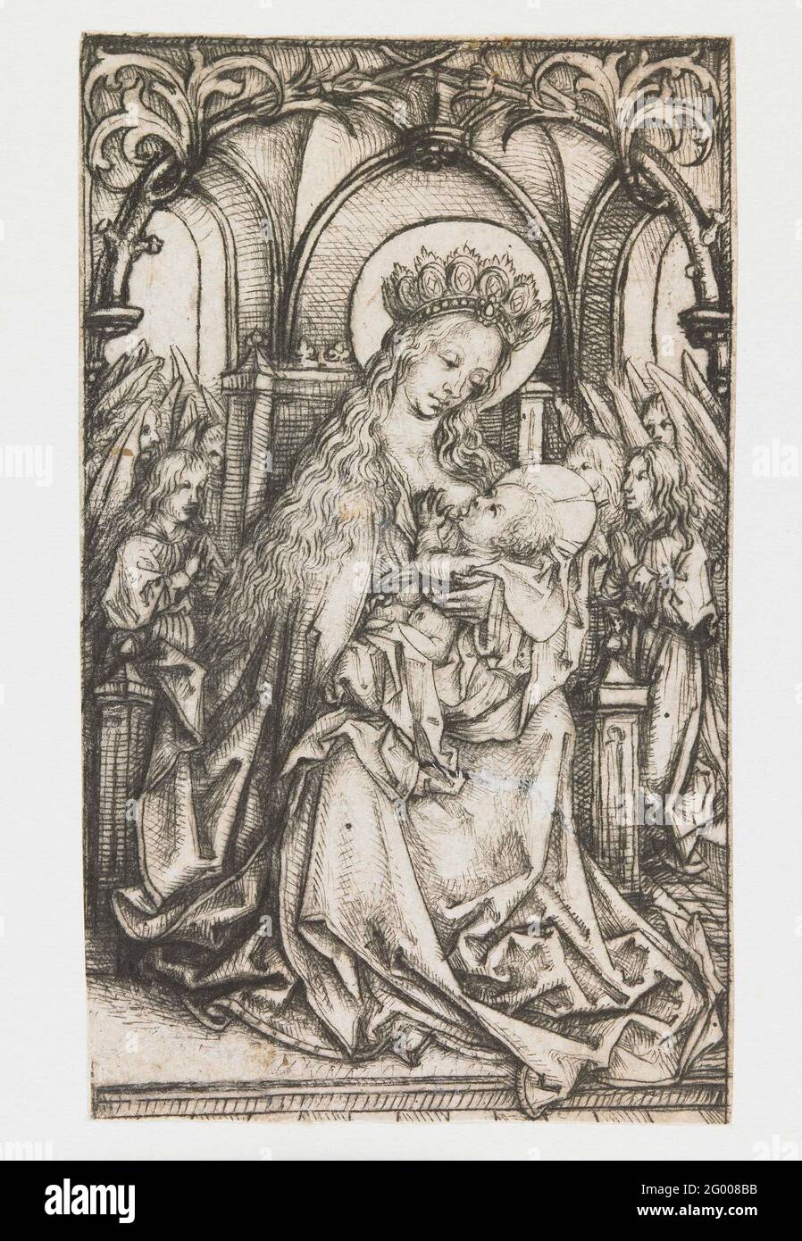 Trunk Madonna by angels worshiped. Mary sitting on throne Christind ...