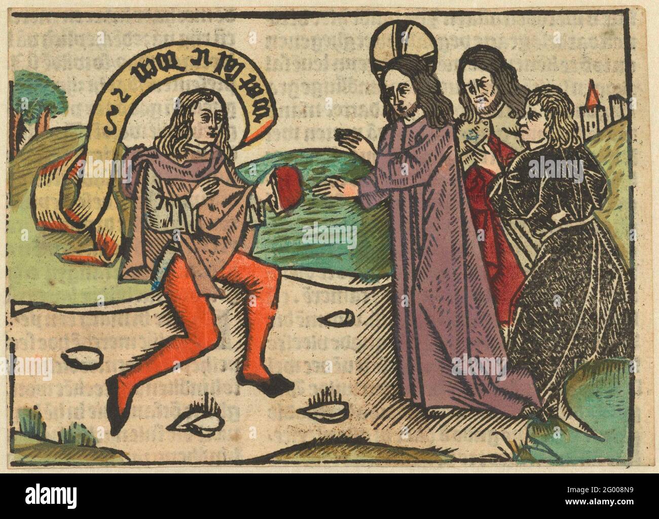 Christ and the rich young man. Christ and two disciples facing rich ...