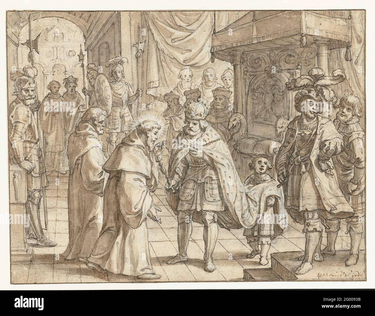 Holy monk on audience at a German emperor. A sacred monk, accompanied ...