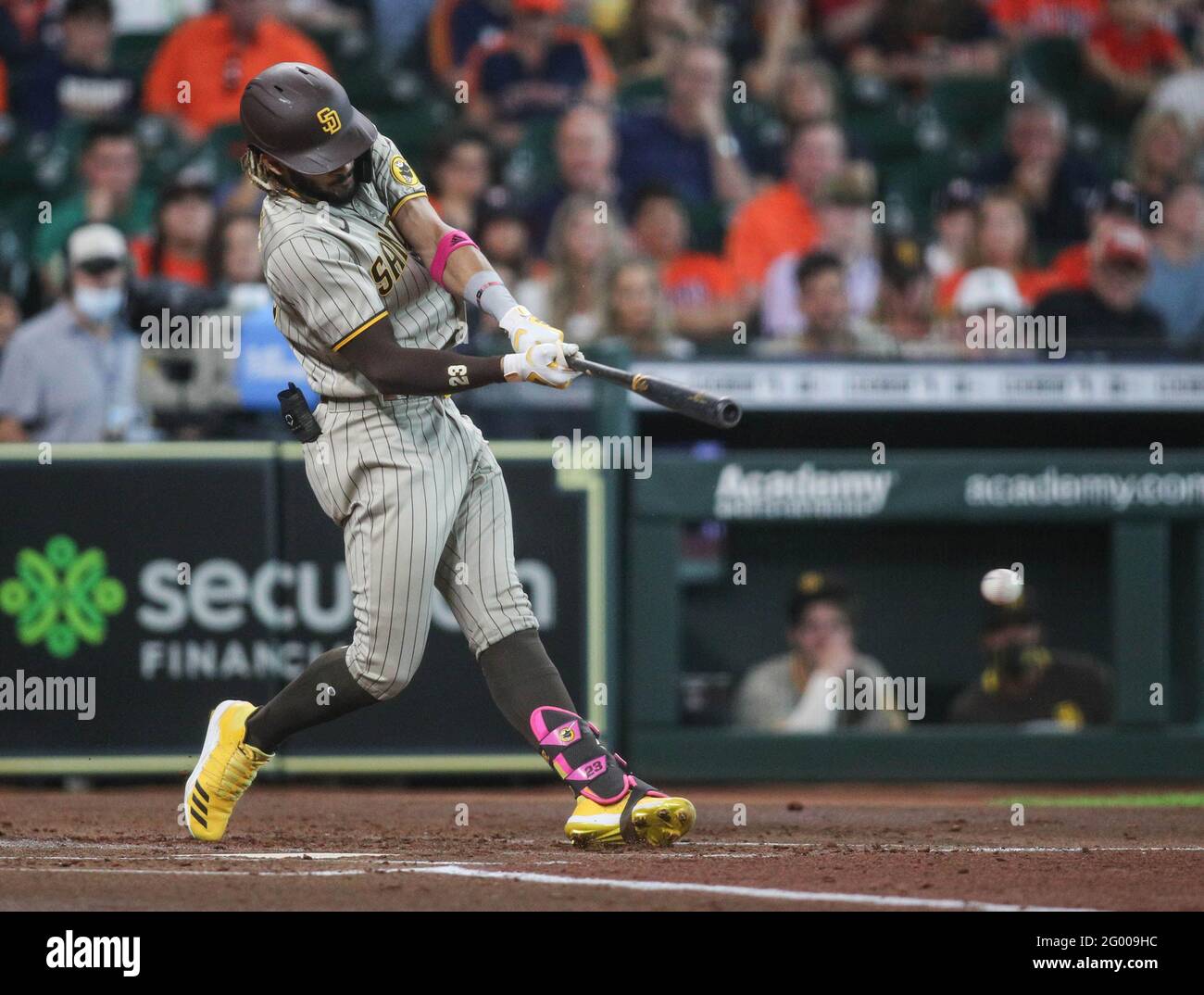 May 30, 2021: San Diego's Fernando Tatis Jr. (23) delivers a base hit ...