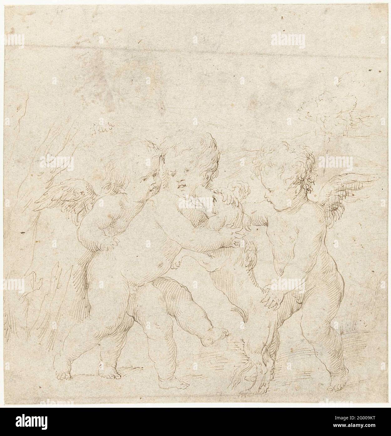 Three putti with a dog Stock Photo - Alamy