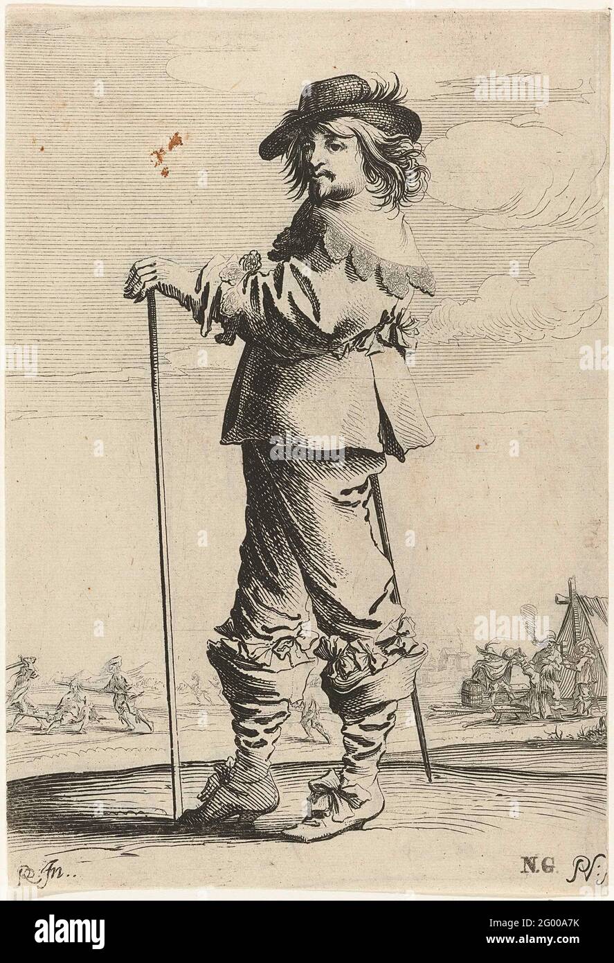 Standing man with stick; Ladies and men's costumes. Man with stick ...