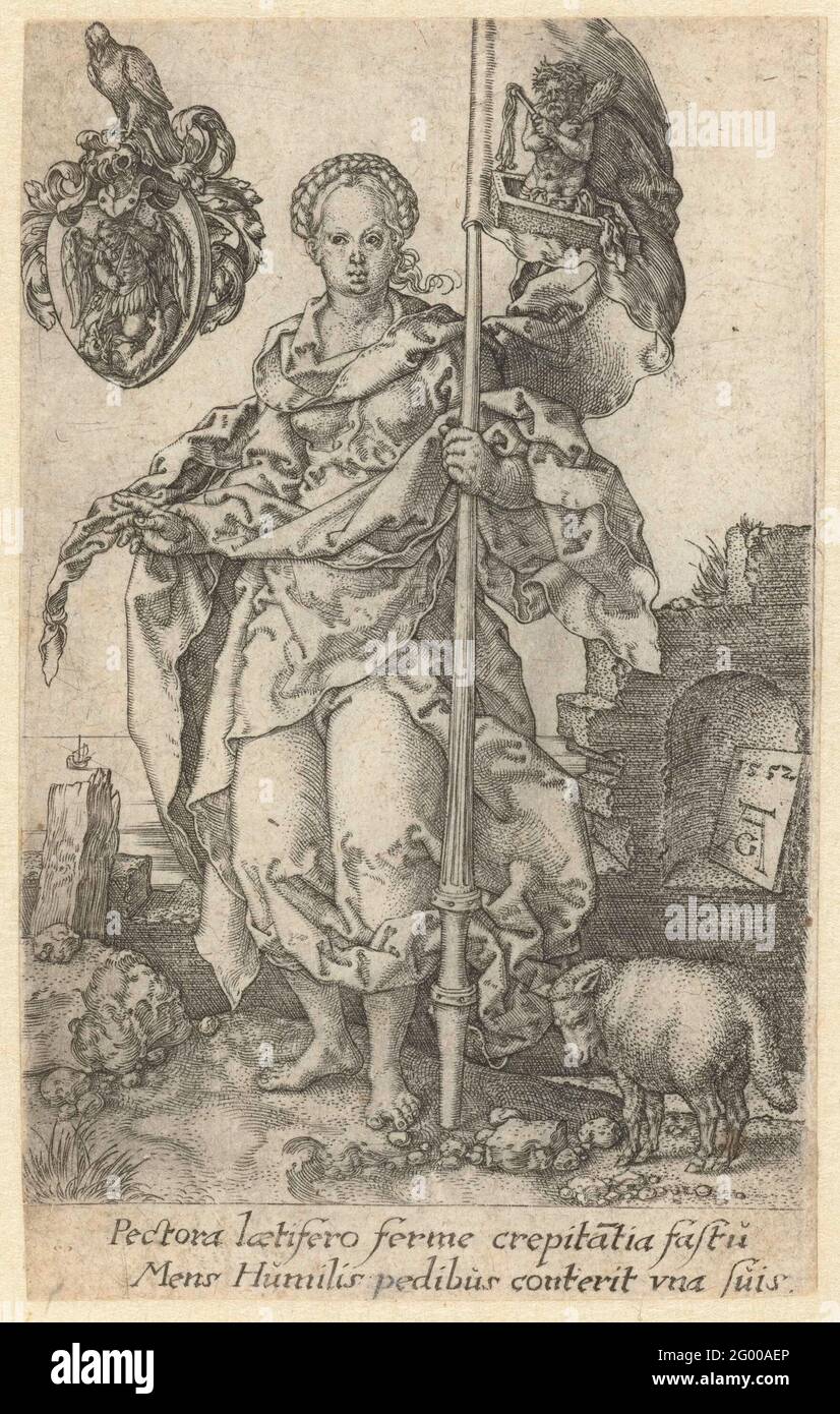 Humility; Seven virtues. Personification of humility. Woman standing ...