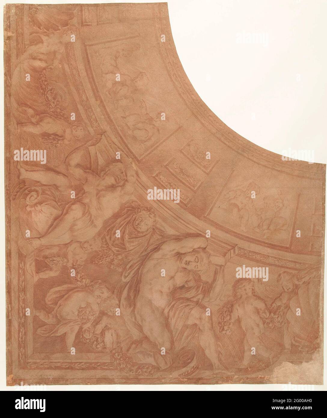 Design for a corner piece of a ceiling with figures, putti and bust of ...