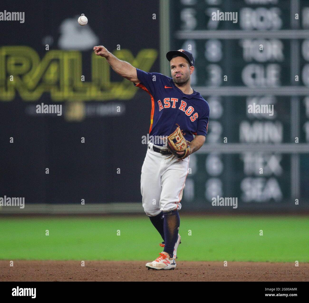 May 30, 2021: Astros second baseman Jose Altuve (27) makes a throw to first base during MLB ...