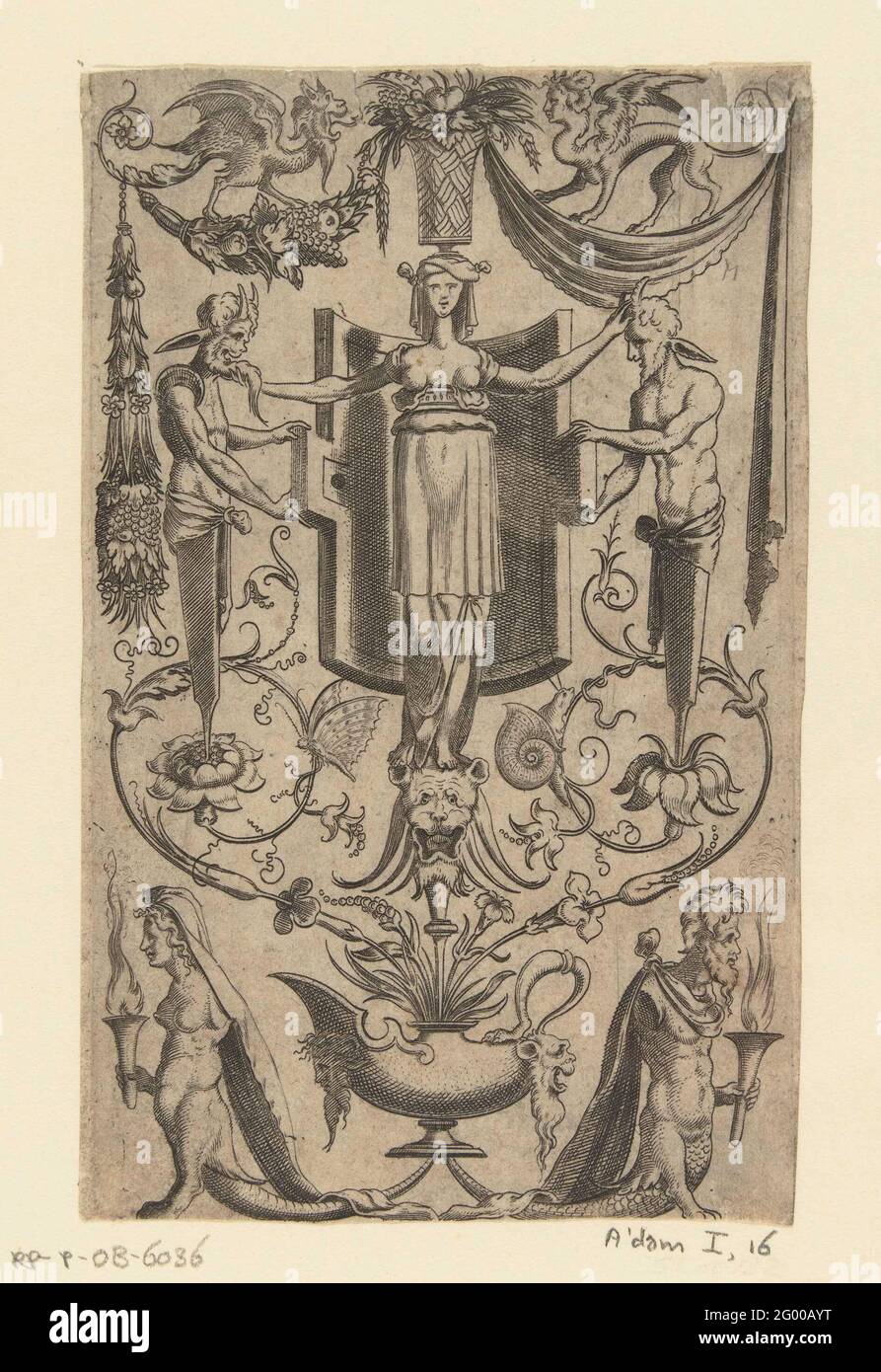 Groteske flat decoration with a woman in the middle. In the middle ...