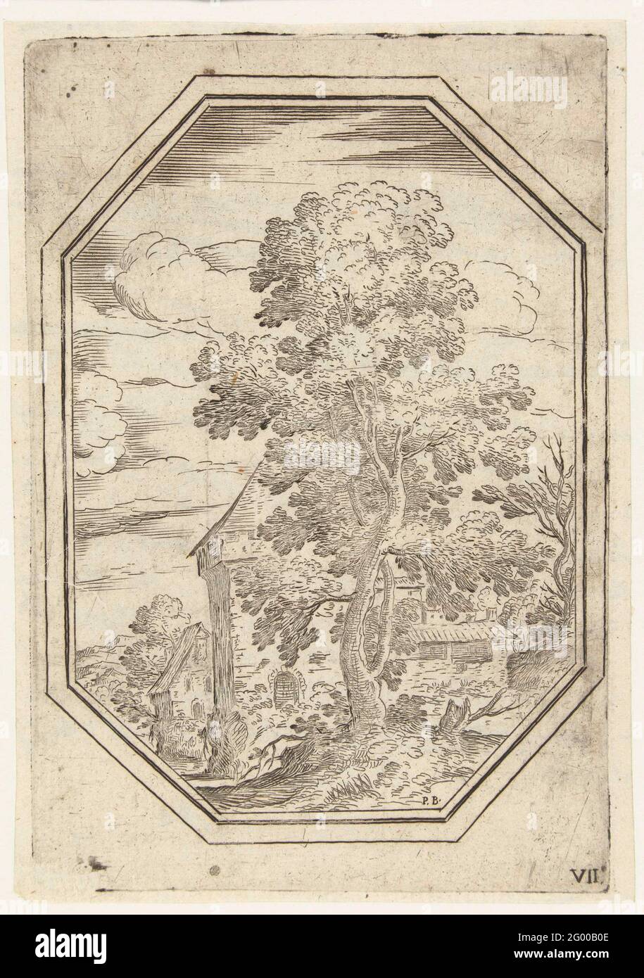 Landscape with large tree in octagonal frame; Octagonal landscapes ...
