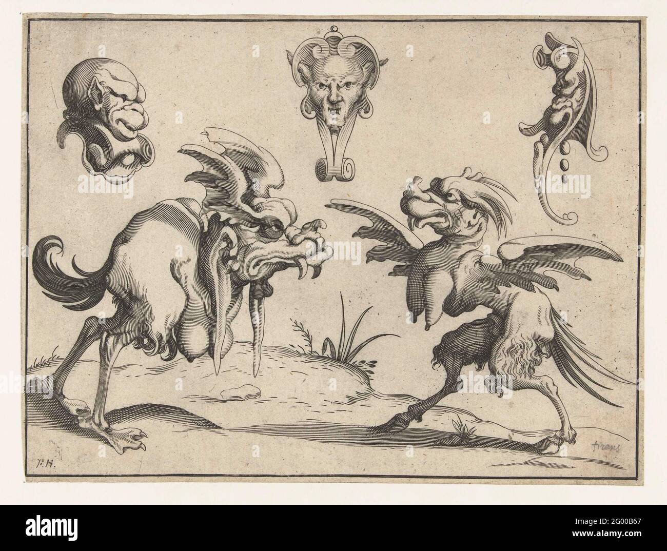 Two samples with three masks above; Groteske figures surrounded by a ...